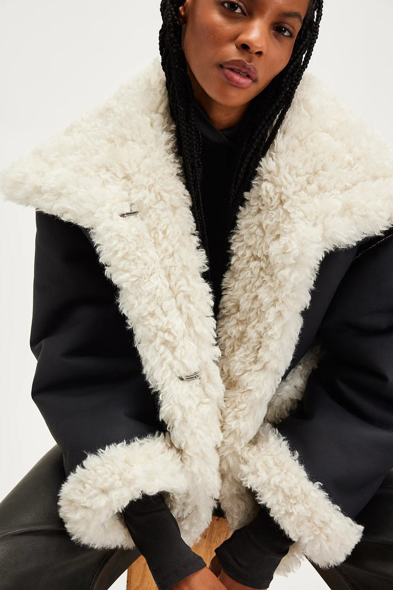 Free People: Kiki Sherpa Jacket in Black Combo - J. Cole Shoes